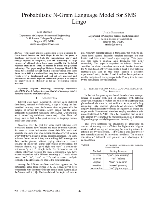 (PDF) Probabilistic N-Gram Language Model for SMS Lingo