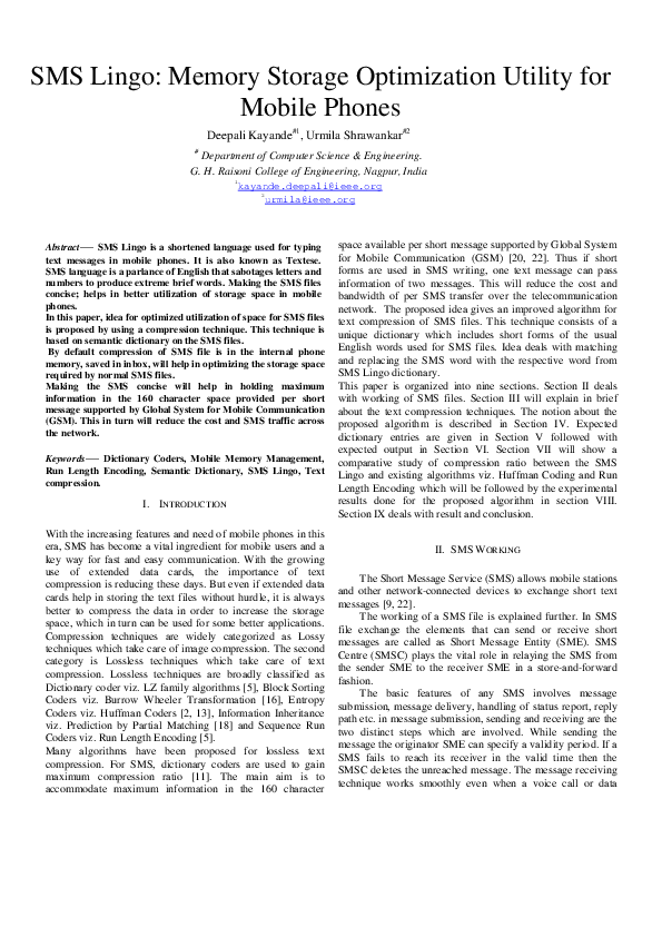 (PDF) SMS Lingo: Memory Storage Optimization Utility for Mobile Phones