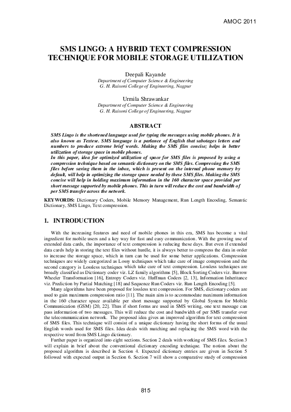 Pdf Sms Lingo A Hybrid Text Compression Technique For Mobile Storage Utilization