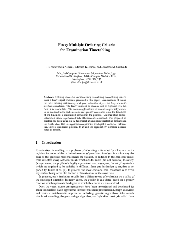 Pdf Fuzzy Multiple Ordering Criteria For Examination Timetabling Jonathan M Garibaldi