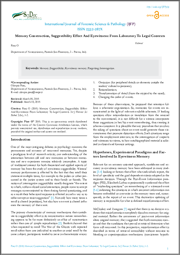 (PDF) Memory Construction, Suggestibility Effect And Eyewitness: From Laboratory To Legal Contexts