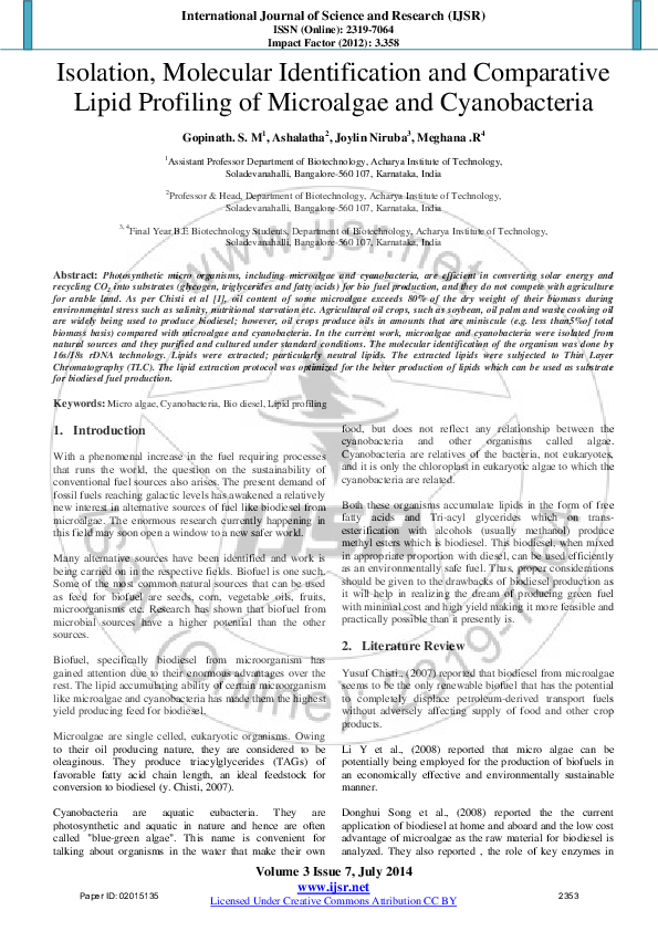 (PDF) Isolation, Molecular Identification and Comparative Lipid Profiling of Microalgae and ...