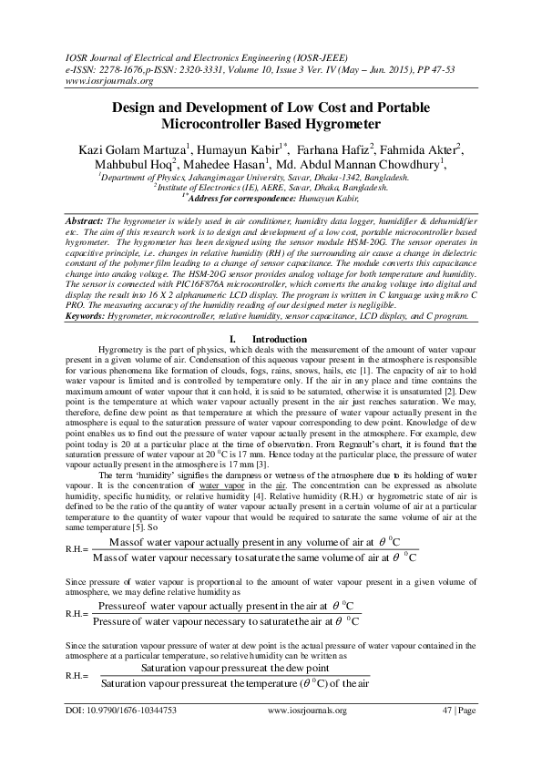 Pdf Design And Development Of Low Cost And Portable Microcontroller Based Hygrometer