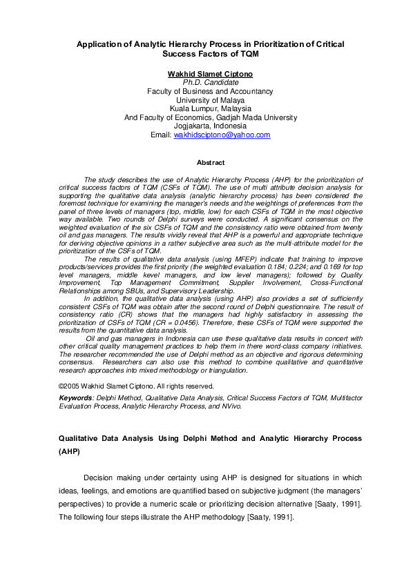 (PDF) Application of Analytic Hierarchy Process in Prioritization of Critical Success Factors of TQM