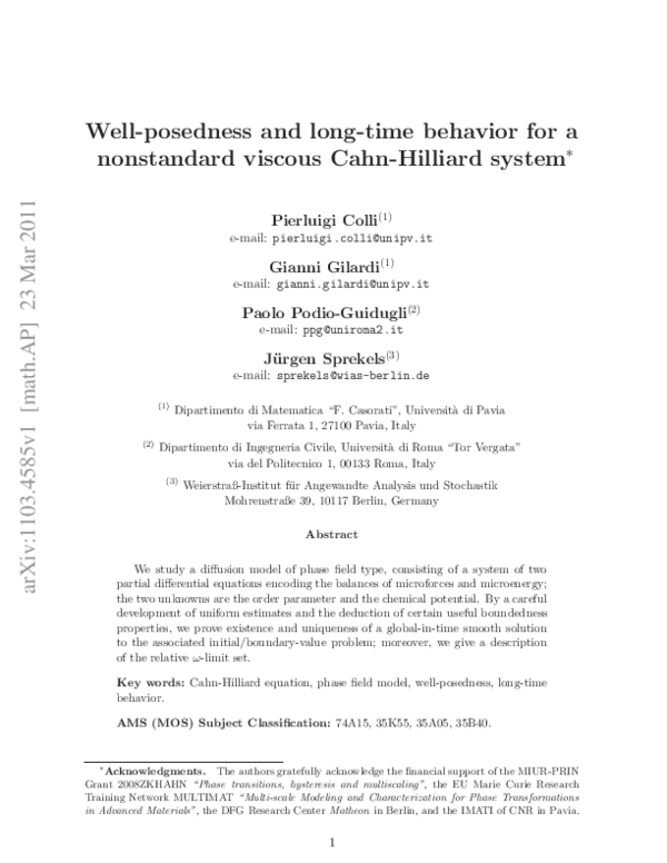 (PDF) Well-posedness and long-time behavior for a nonstandard viscous Cahn-Hilliard system