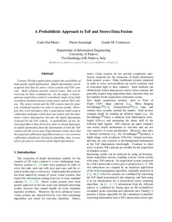 (PDF) A probabilistic approach to tof and stereo data fusion