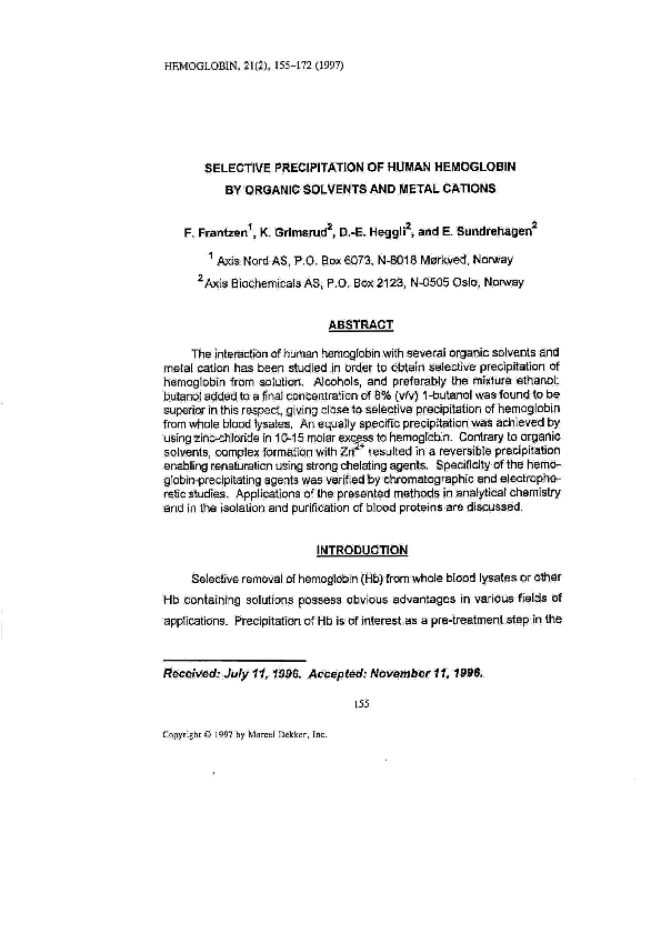 (PDF) Selective Precipitation of Human Hemoglobin by Organic Solvents ...