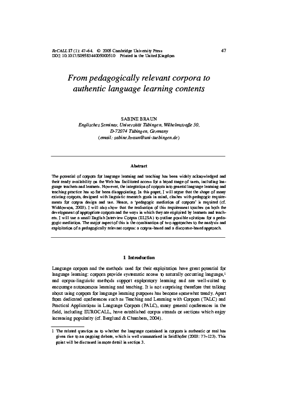 (PDF) 2005 From pedagogically relevant corpora to authentic language ...