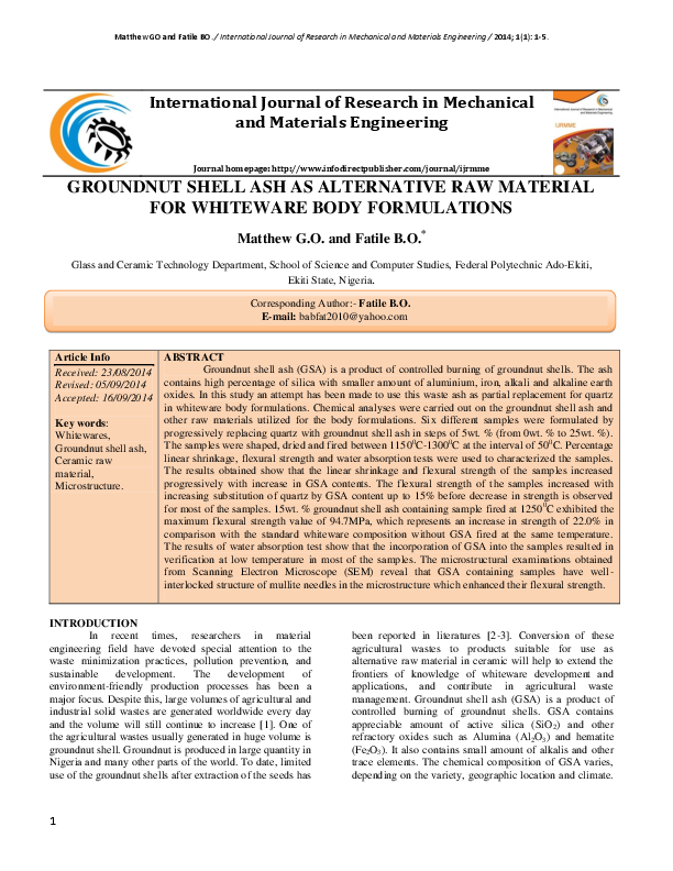 (PDF) Groundnut Shell Ash As Alternative Raw Material For Whiteware Body
