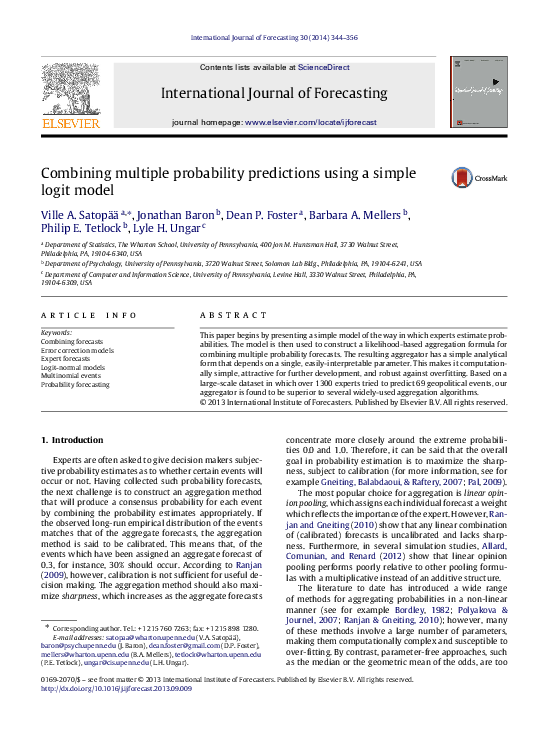 (PDF) Combining multiple probability predictions using a simple logit model