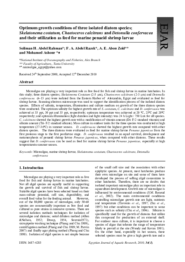 (PDF) Optimum growth conditions of three isolated diatom species ...