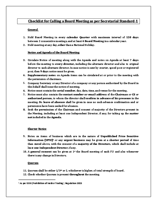 (PDF) Checklist for Calling a Board Meeting as per Secretarial Standard-1