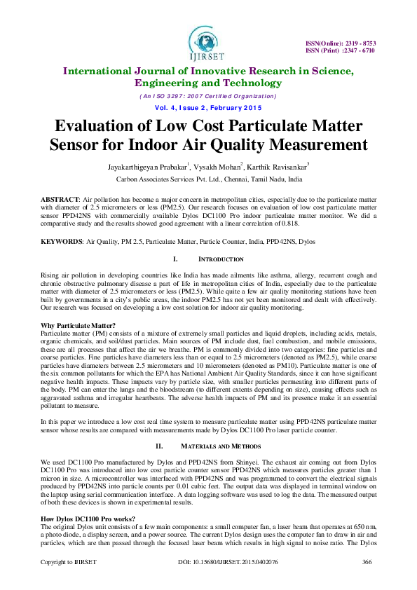 Pdf Evaluation Of Low Cost Particulate Matter Sensor For Indoor Air Quality Measurement