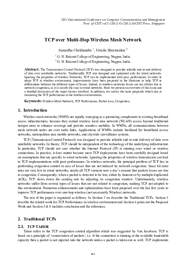 (PDF) TCP over Multi-Hop Wireless Mesh Network