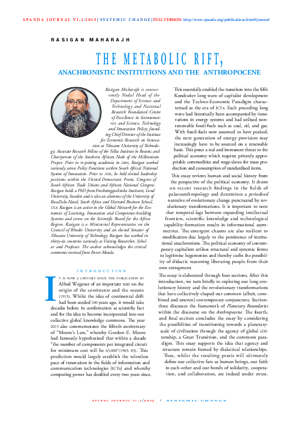 (PDF) The Metabolic Rift, Anachronistic Institutions and the Anthropocene