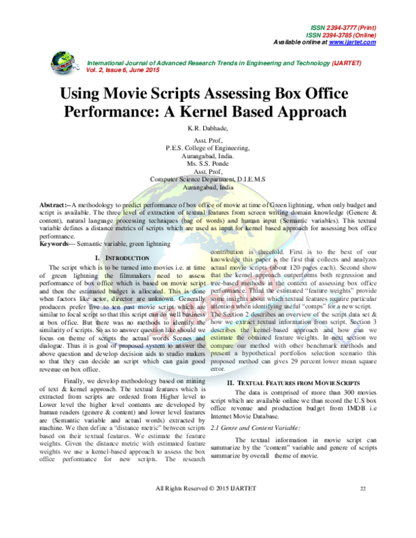 (PDF) Using Movie Scripts Assessing Box Office Performance: A Kernel Based Approach