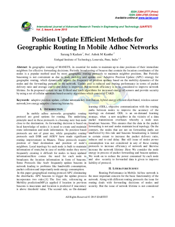 (PDF) Position Update Efficient Methods for Geographic Routing In Mobile Adhoc Networks