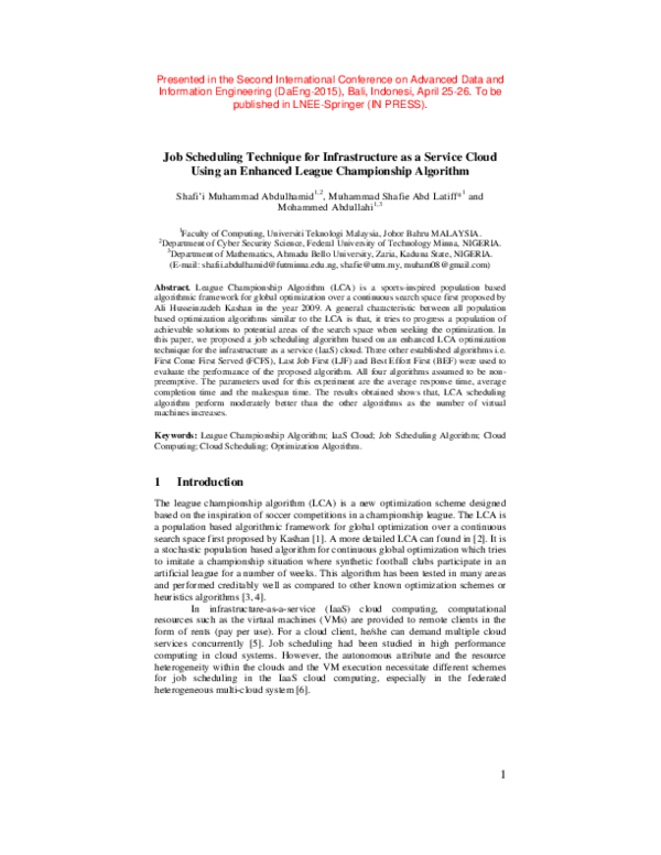Pdf Job Scheduling Technique For Infrastructure As A Service Cloud Using An Enhanced League