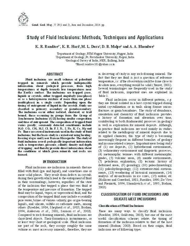 (PDF) Study of Fluid Inclusions: Methods, Techniques and Applications