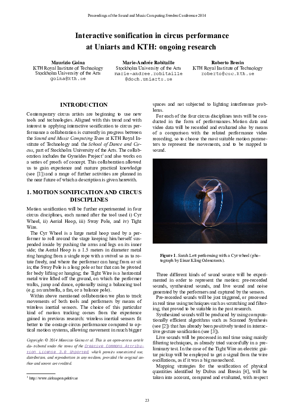 (PDF) Interactive sonification in circus performance at Uniarts and KTH: ongoing research