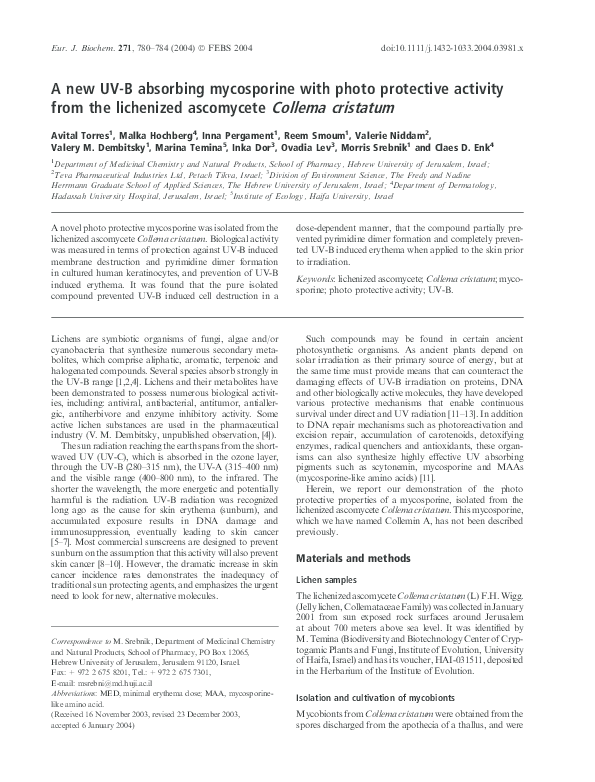 (PDF) A new UV-B absorbing mycosporine with photo protective activity ...