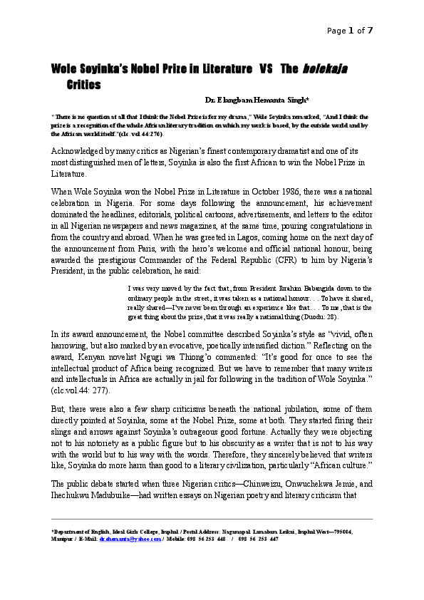 (DOC) Wole Soyinka’s Novel Prize in Literature VS The Bolekaja Critics