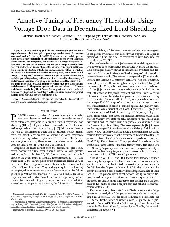Pdf Adaptive Tuning Of Frequency Thresholds Using Voltage Drop Data In Decentralized Load Shedding
