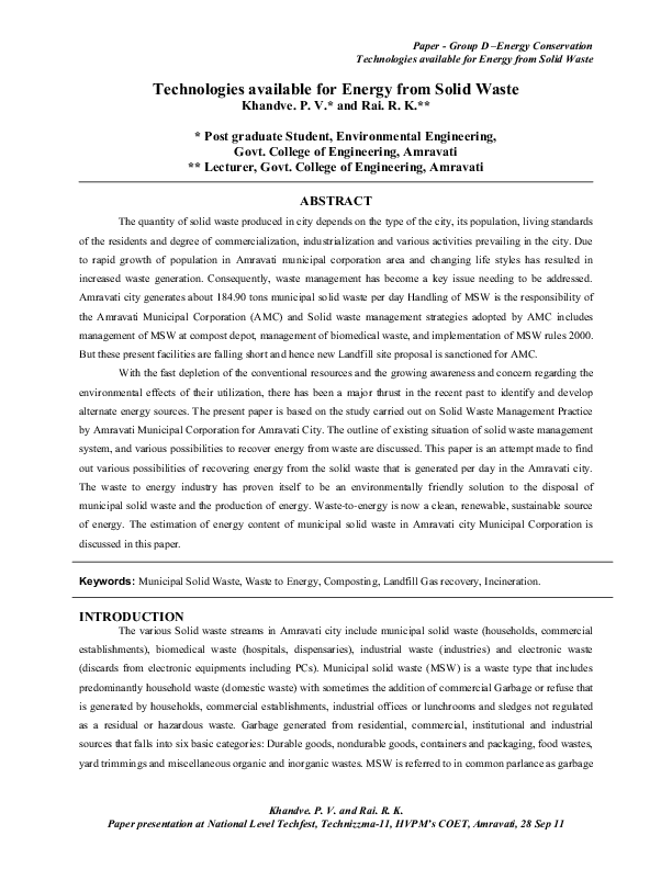 (PDF) Technologies available for Energy from Solid Waste