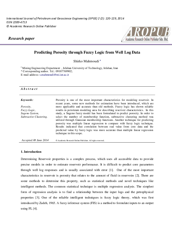 Pdf Predicting Porosity Through Fuzzy Logic From Well Log Data