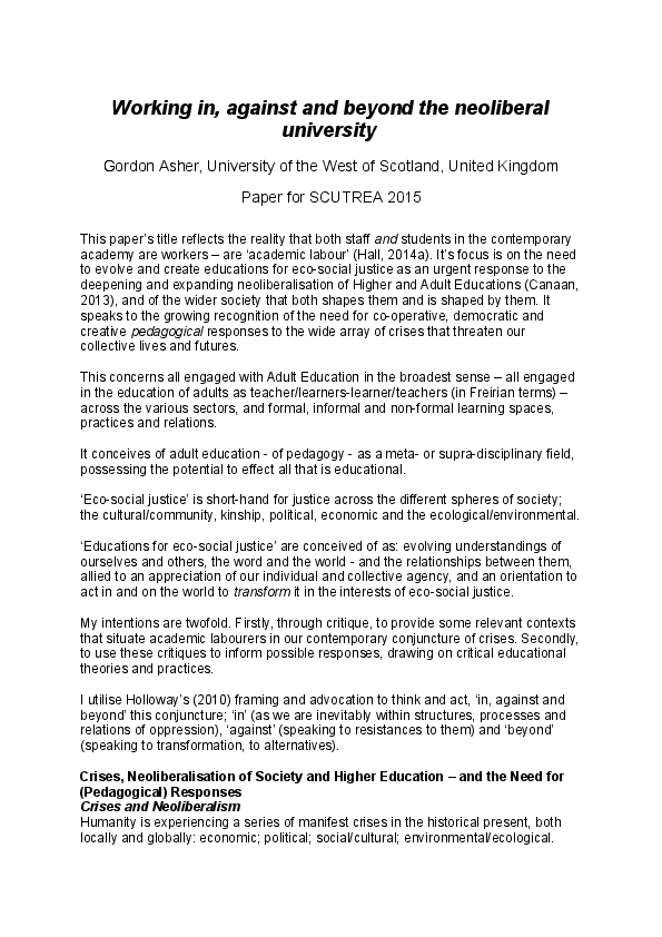 (DOC) Working in, against and beyond the neoliberal university