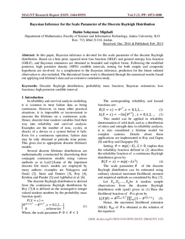 Pdf Bayesian Inference For The Scale Parameter Of The Discrete Rayleigh Distribution Hatim