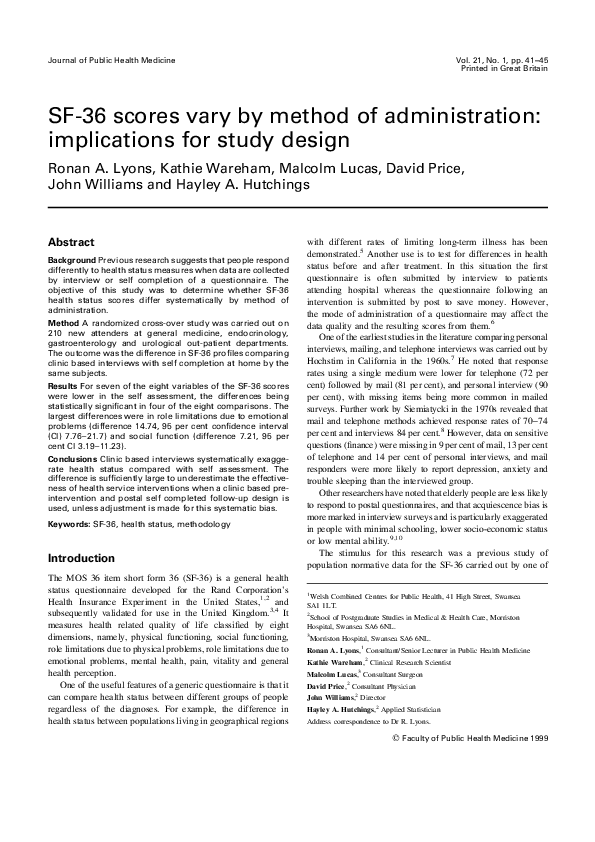(PDF) SF36 scores vary by method of administration: implications for study design