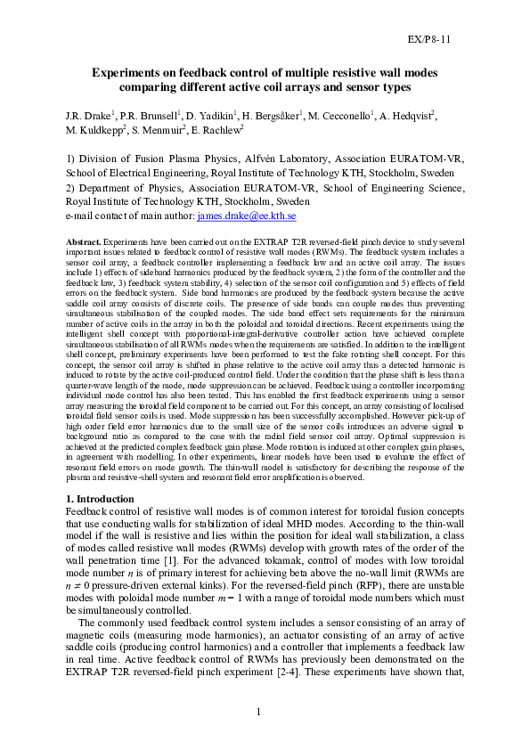 (PDF) Experiments on feedback control of multiple resistive wall modes comparing different ...