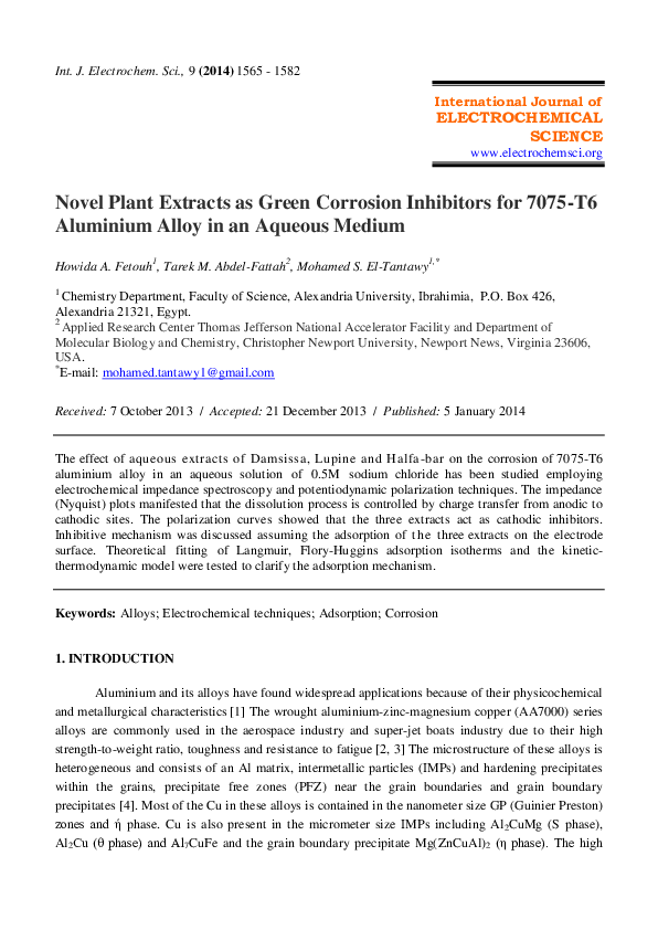 (PDF) Novel Plant Extracts as Green Corrosion Inhibitors for 7075