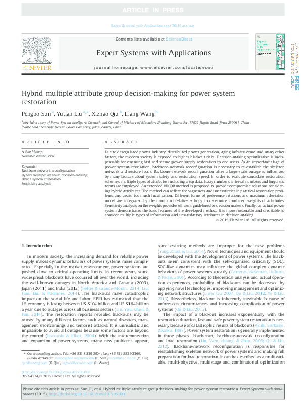 (PDF) Hybrid multiple attribute group decision-making for power system restoration