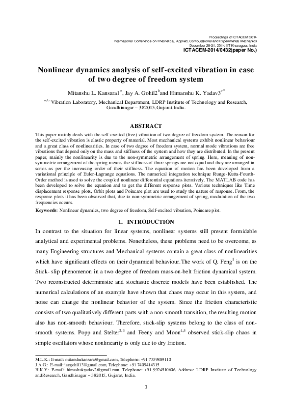 (PDF) Nonlinear dynamics analysis of self-excited vibration in case of two degree of freedom system