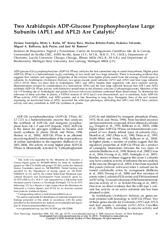 (PDF) Two Arabidopsis ADP-Glucose Pyrophosphorylase Large Subunits (APL1 and APL2) Are Catalytic1