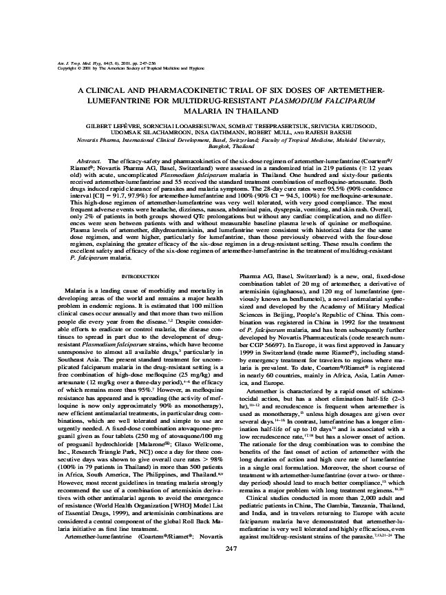(PDF) A CLINICAL AND PHARMACOKINETIC TRIAL OF SIX DOSES OF ARTEMETHER ...