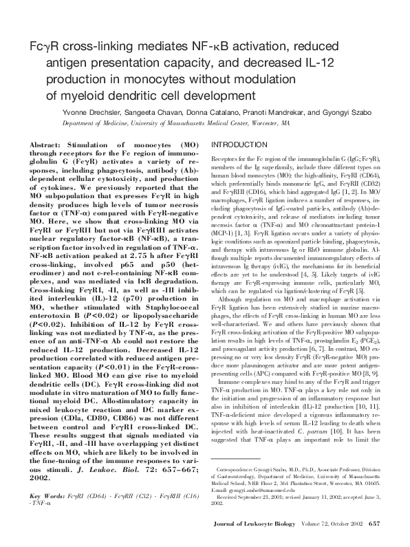 (PDF) FcgammaR cross-linking mediates NF-kappaB activation, reduced ...