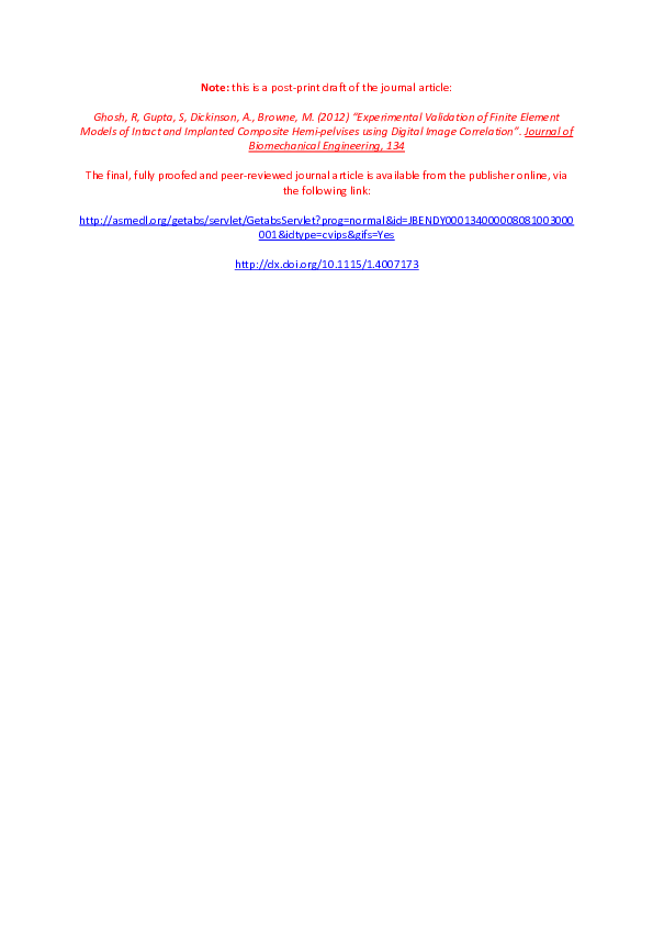Pdf Experimental Validation Of Finite Element Models Of Intact And Implanted Composite