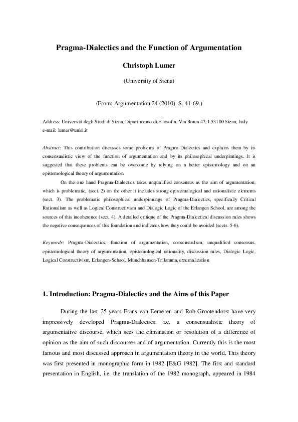 Pdf Pragma Dialectics And The Function Of Argumentation