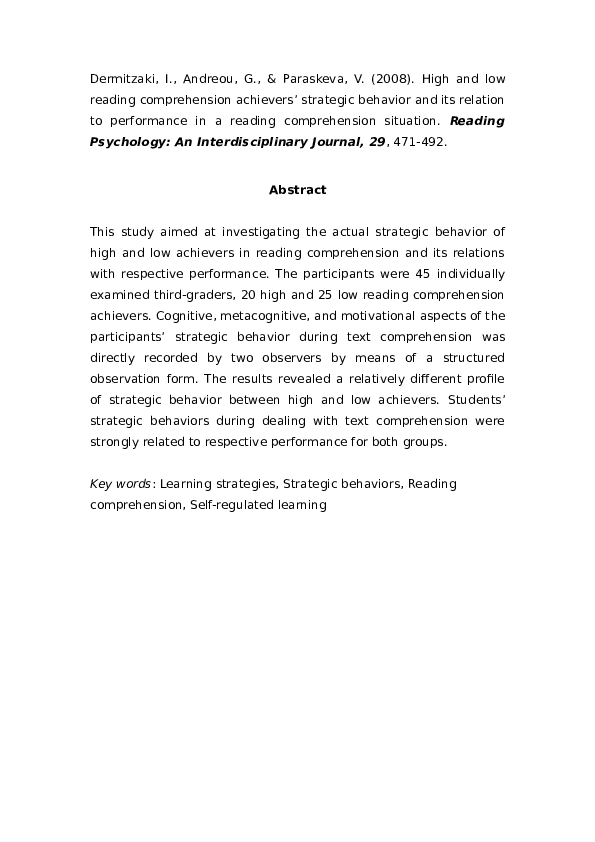 (DOC) High and Low Reading Comprehension Achievers' Strategic Behaviors ...