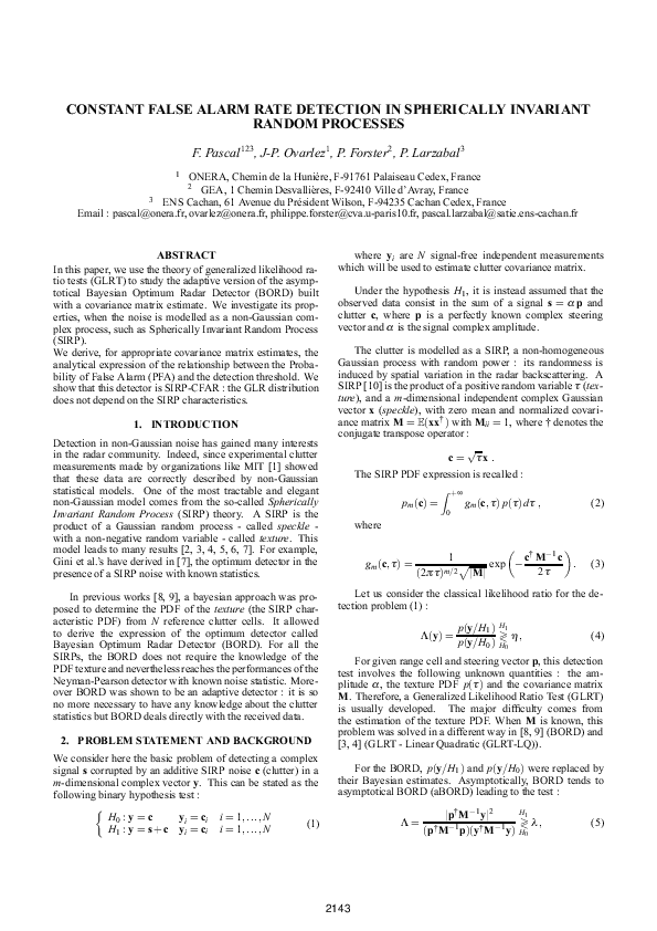 (PDF) CONSTANT FALSE ALARM RATE DETECTION IN SPHERICALLY INVARIANT RANDOM PROCESSES | Frédéric ...