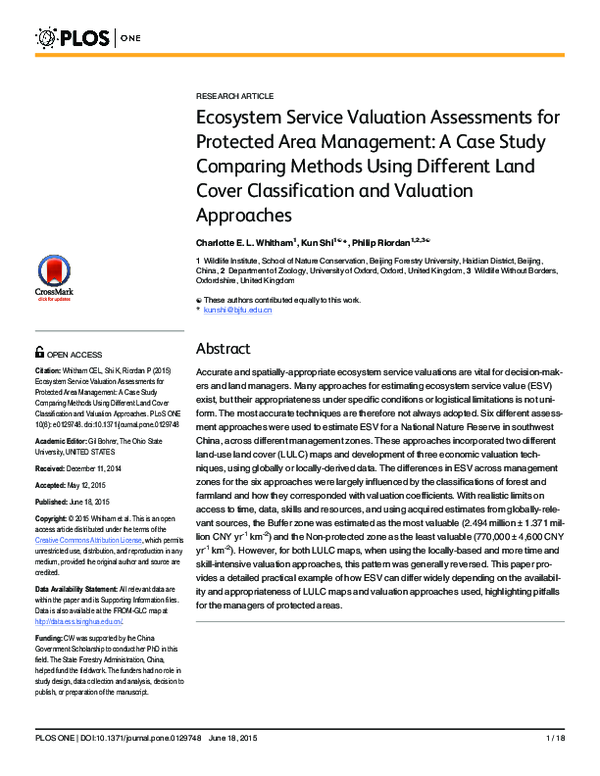 (PDF) Ecosystem Service Valuation Assessments for Protected Area ...