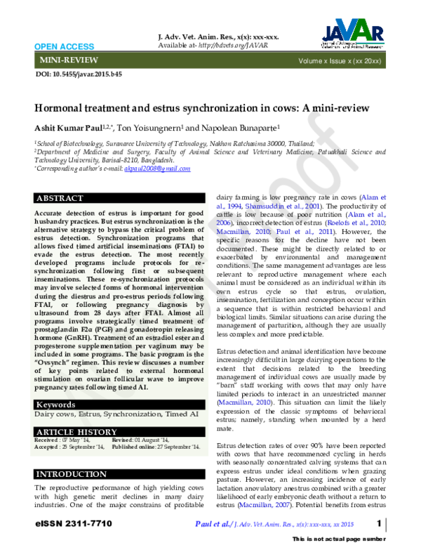 Pdf Hormonal Treatment And Estrus Synchronization In Cows A Mini Review