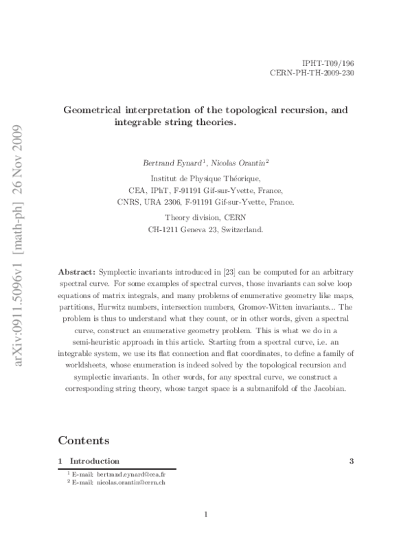 Pdf Geometrical Interpretation Of The Topological Recursion And