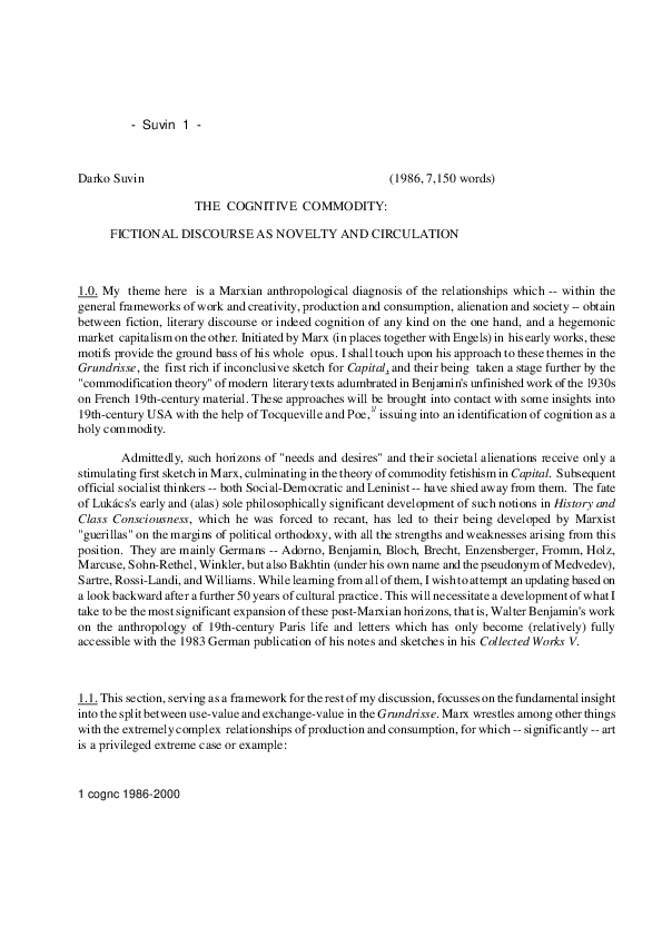 (PDF) THE COGNITIVE COMMODITY: FICTIONAL DISCOURSE AS NOVELTY AND CIRCULATION (1986, 7,150 words)