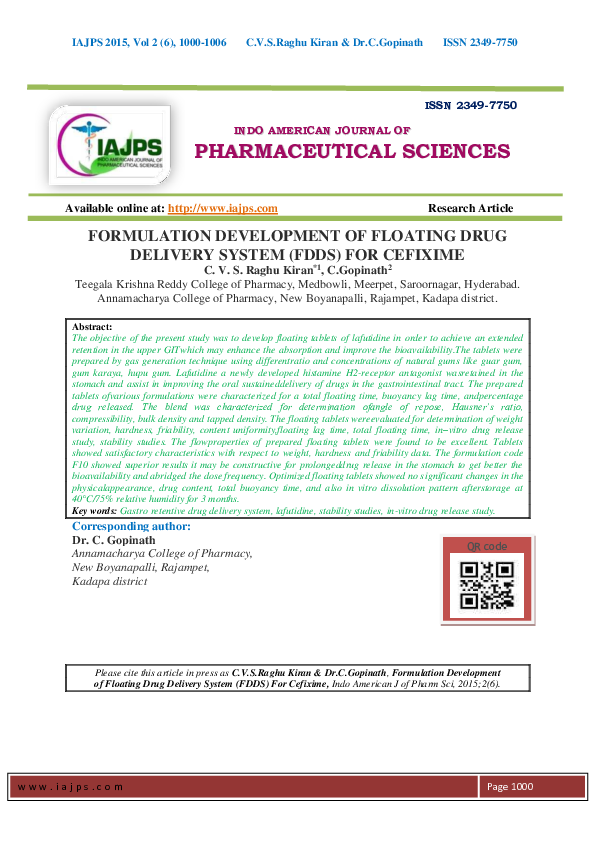 Formulation Development Of Floating Drug Delivery System Fdds For Lafutidine C V S Raghu