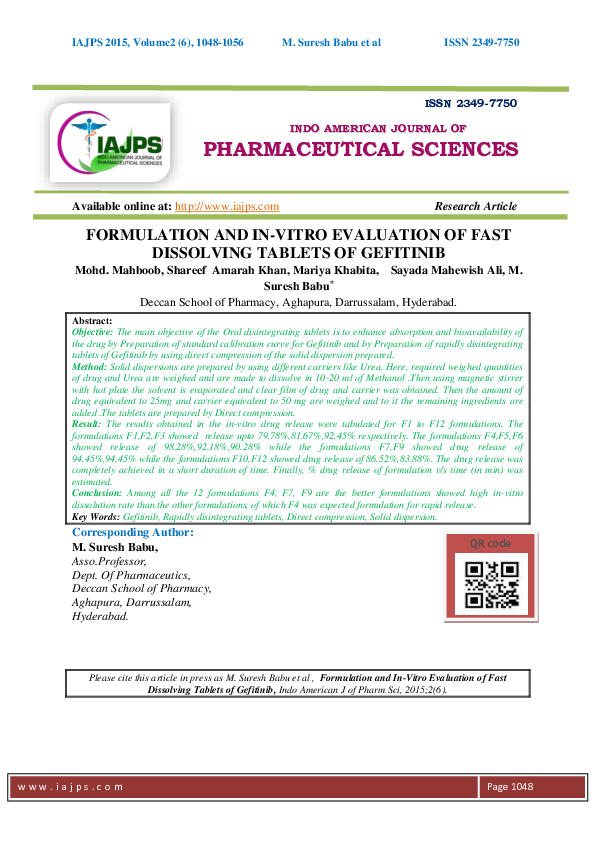Formulation And In Vitro Evaluation Of Fast Dissolving Tablets Of Gefitinib Mohd Mahboob