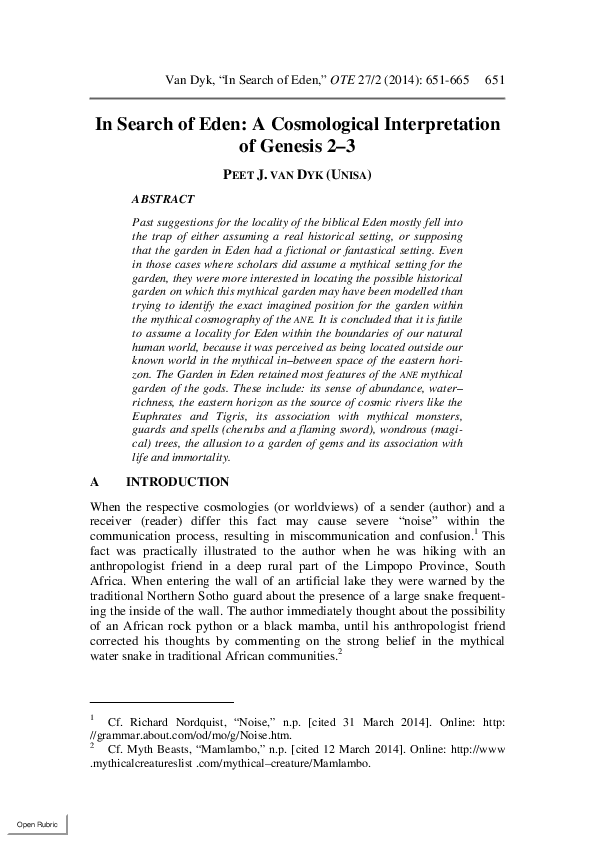 In Search of Eden: A Cosmological Interpretation of Genesis 2–3 | Peet ...